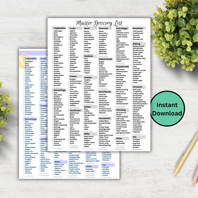 Master Grocery List Printable, Grocery Checklist, Food Shopping List ...