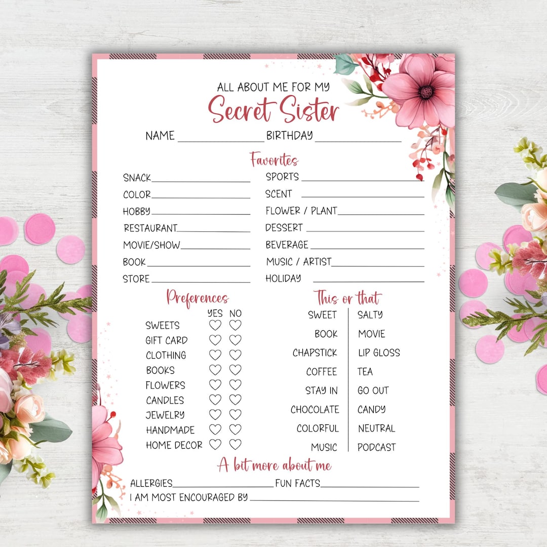 Secret Sister Questionnaire, Secret Sister Gift Exchange Survey ...