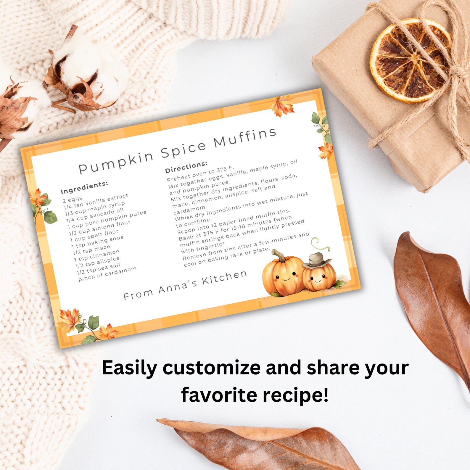 Fall Recipe Card Editable, Printable Fall Recipe Template, Pumpkin ...