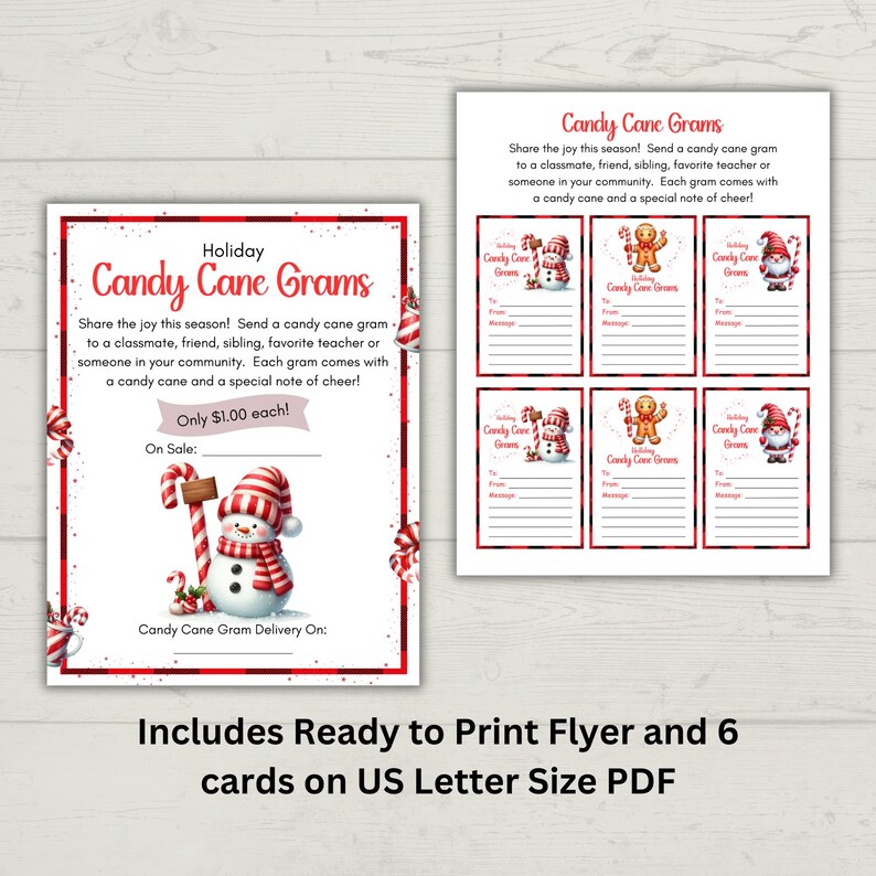 Candy Cane Gram Cards, Holiday Candy Gram Flyer Template Printable, Kit ...