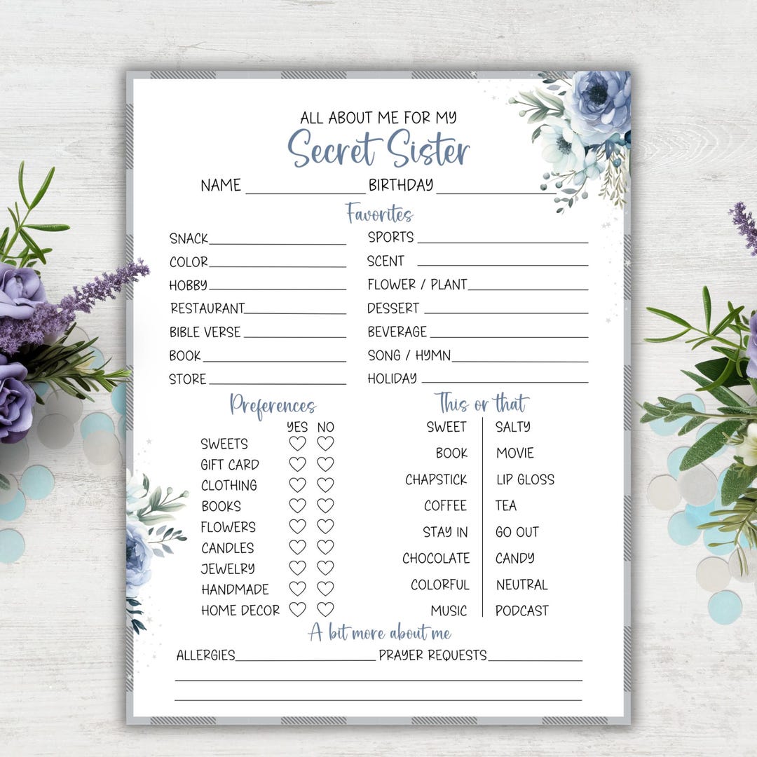 Christian Secret Sister Questionnaire, Secret Sister Gift Exchange Survey Printable, All About ...