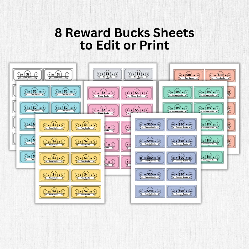 Chore Bucks Reward Chart Editable, Printable Mom Bucks, Kids Reward ...