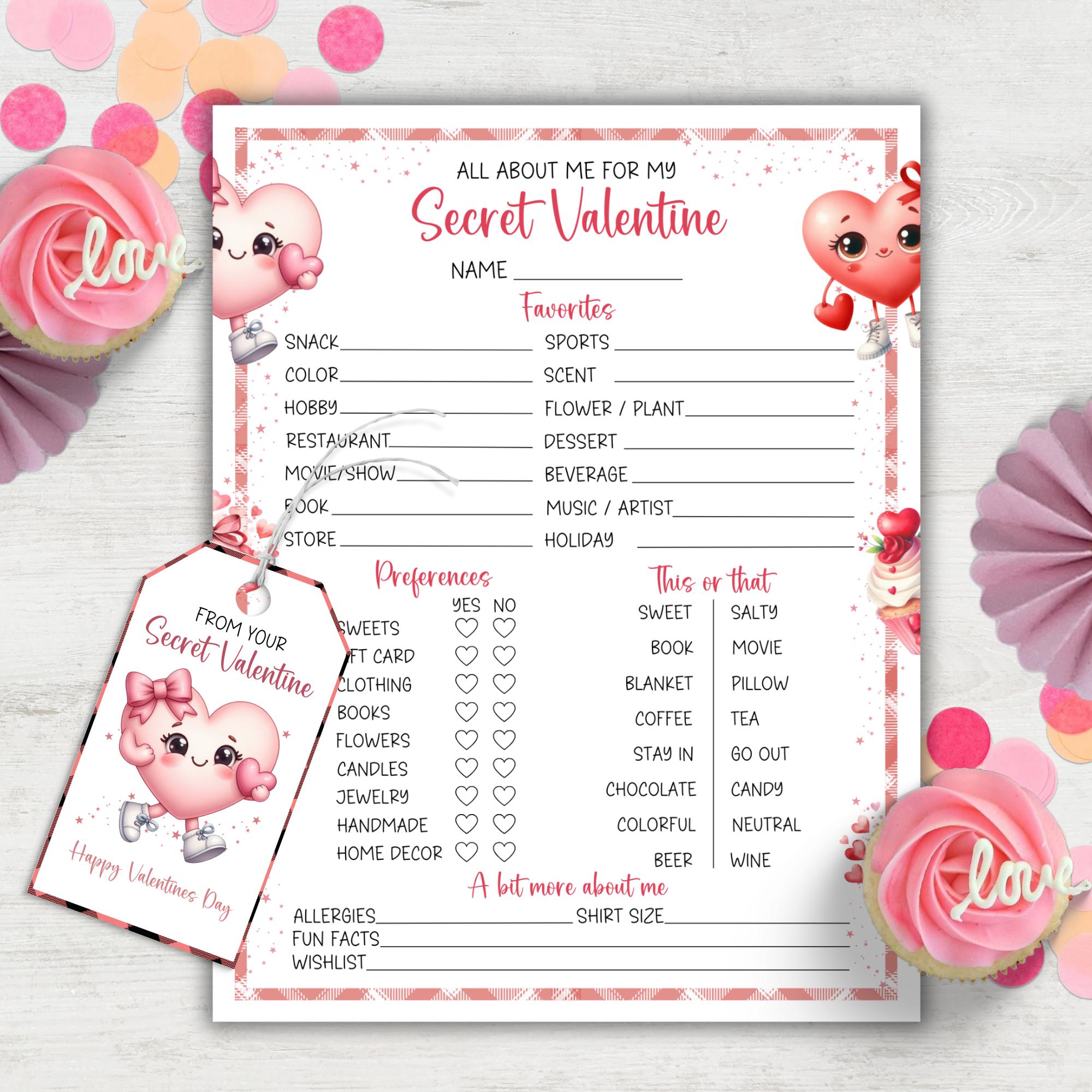 Secret Valentine Questionnaire & Gift Tags Printable, Valentine Survey ...