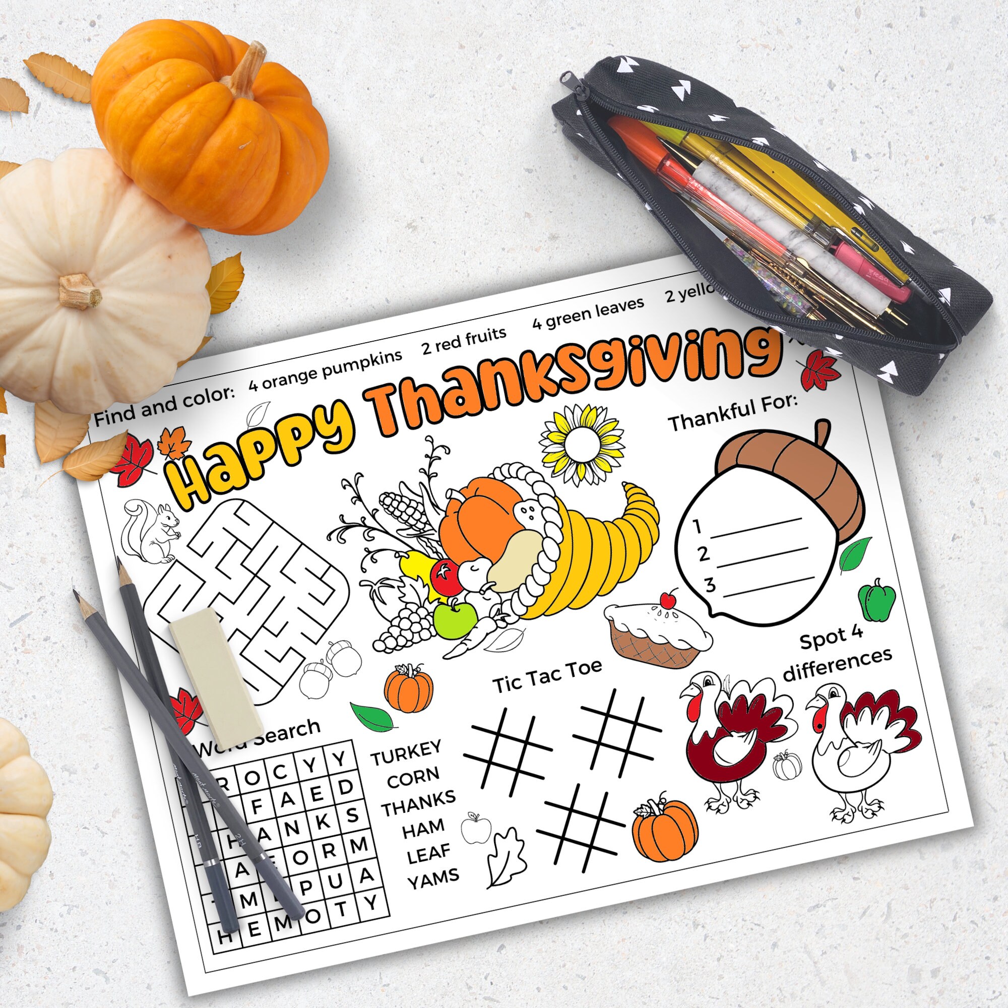 Thanksgiving Placemat Printable for Kids, Thanksgiving Placemat ...