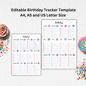 Birthday Tracker Printable, Colorful Birthday Calendar Editable ...