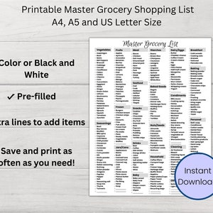 Master Grocery List Printable, Grocery Checklist, Food Shopping List ...