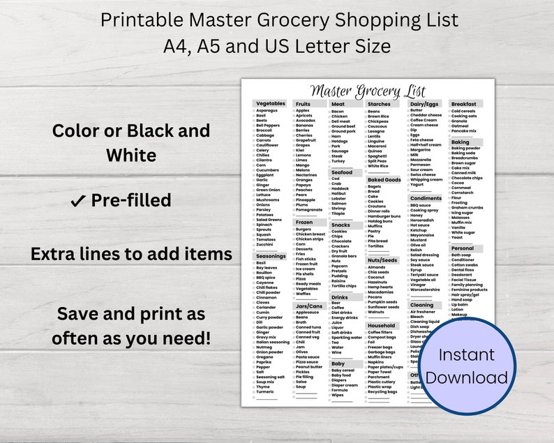 Master Grocery List Printable Grocery Checklist Food - Etsy