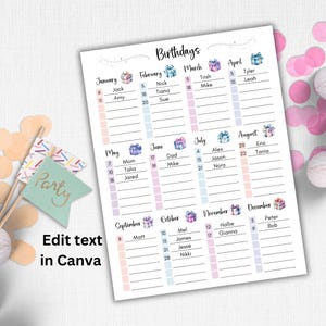 Birthday Tracker Printable, Colorful Birthday Calendar Editable ...
