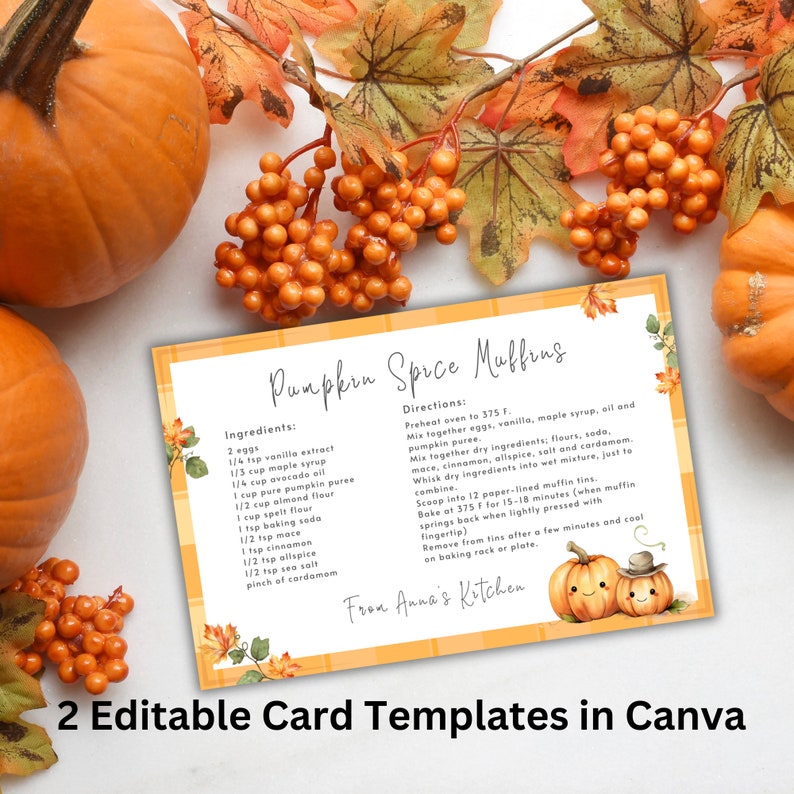 Fall Pumpkin Recipe Card Template: Thanksgiving Baking (digital ...