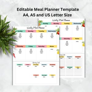 Editable Weekly Meal Planner and Grocery List Printable, Colorful ...