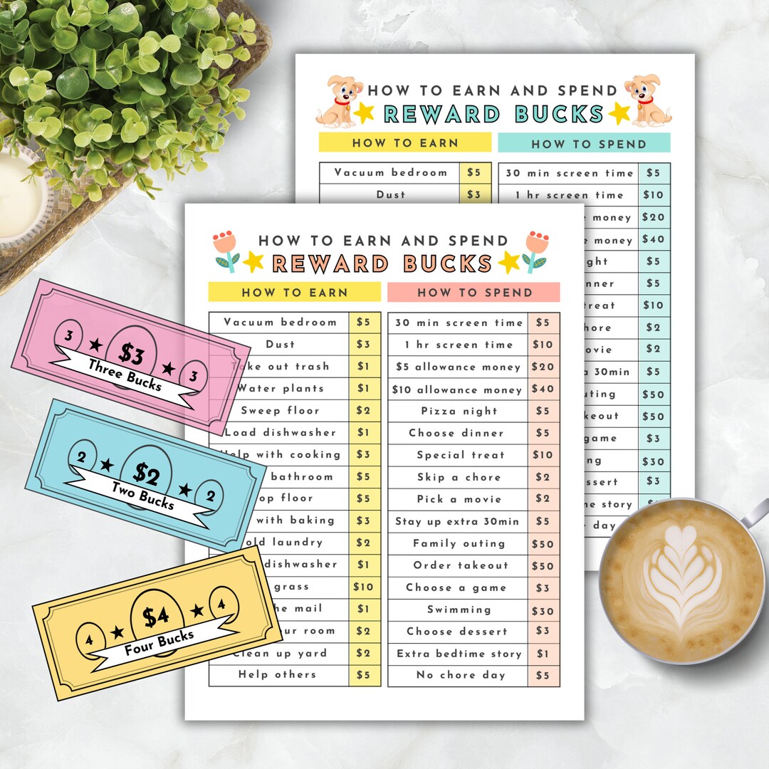 Editable Chore Reward Chart, Customizable Chore Bucks Chart, Printable ...