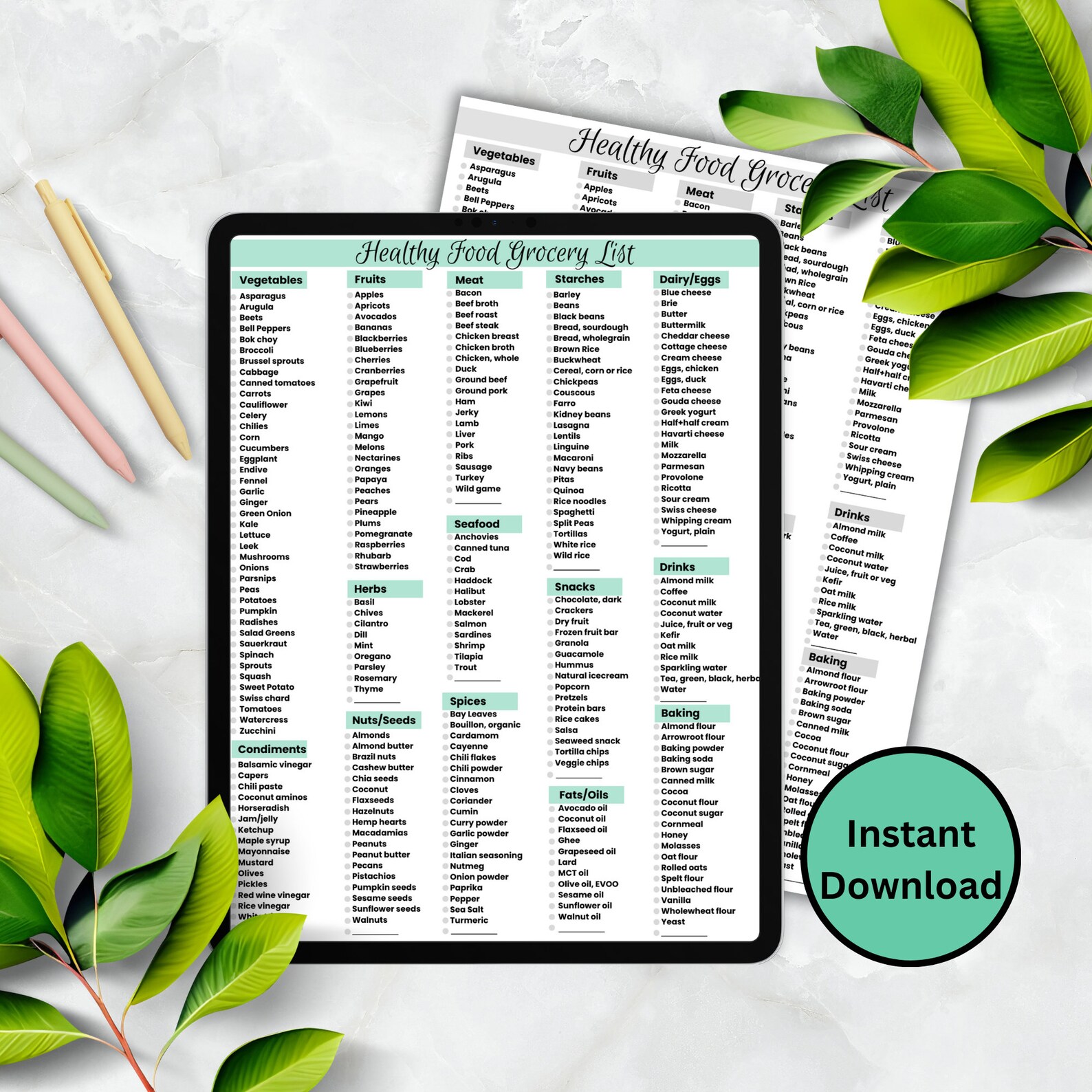 Healthy Eating Printable Grocery List, Healthy Food Guide for Kids ...