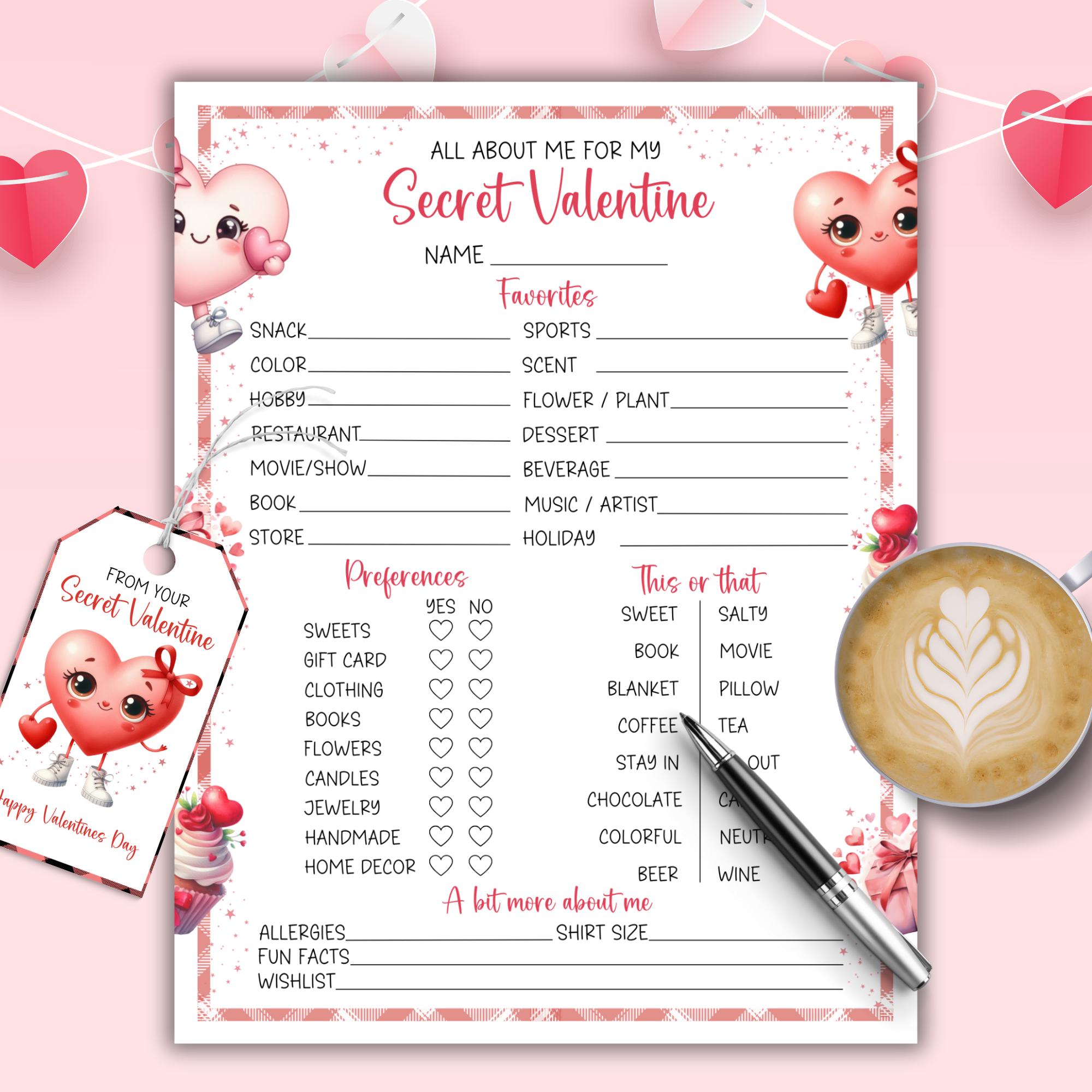Secret Valentine Questionnaire & Gift Tags Printable, Valentine Survey ...