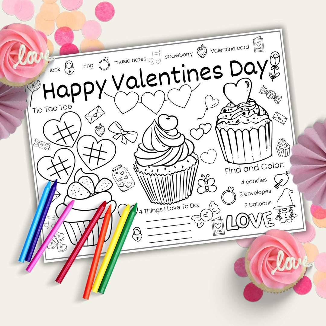 Valentines Day Coloring Placemat Printable, Valentines Coloring Page ...