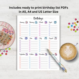 Birthday Tracker Printable, Colorful Birthday Calendar Editable ...
