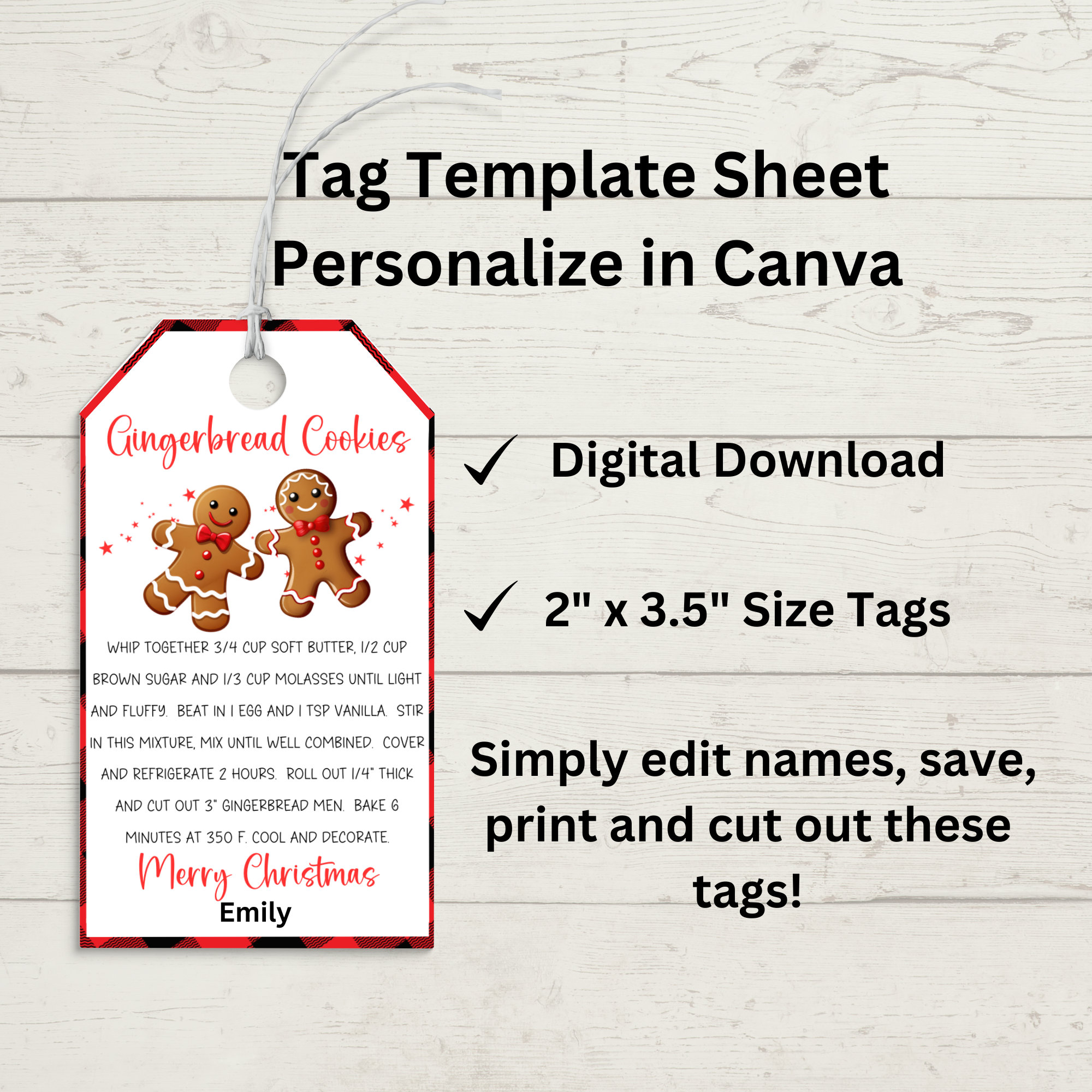 Christmas Cookie Recipe Favor Tag, Gingerbread Cookie Mix in A Jar Gift ...