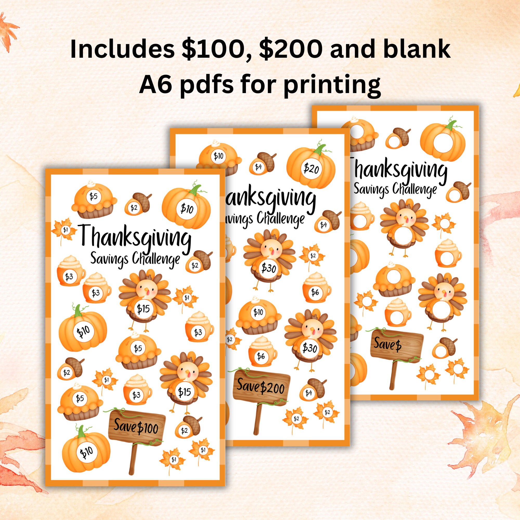 Thanksgiving A6 Savings Challenge Editable, Fall Cash Fund Template ...