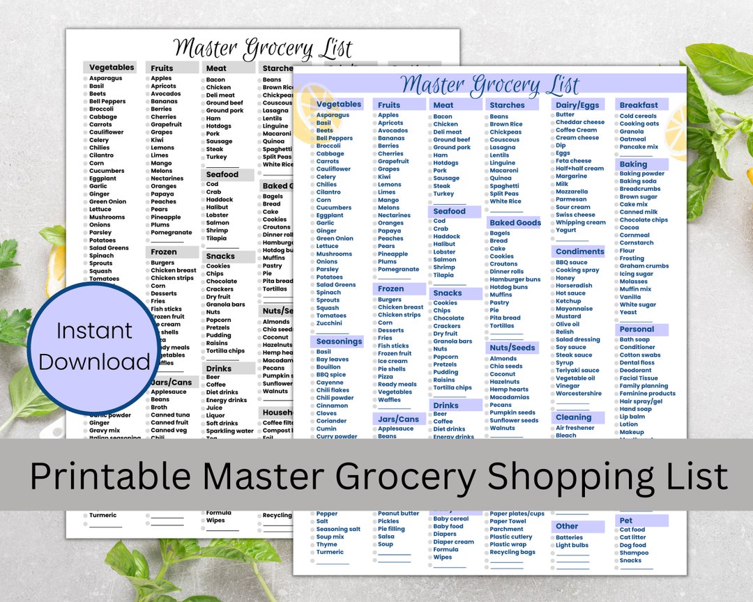 Master Grocery List Printable Grocery Checklist Food - Etsy