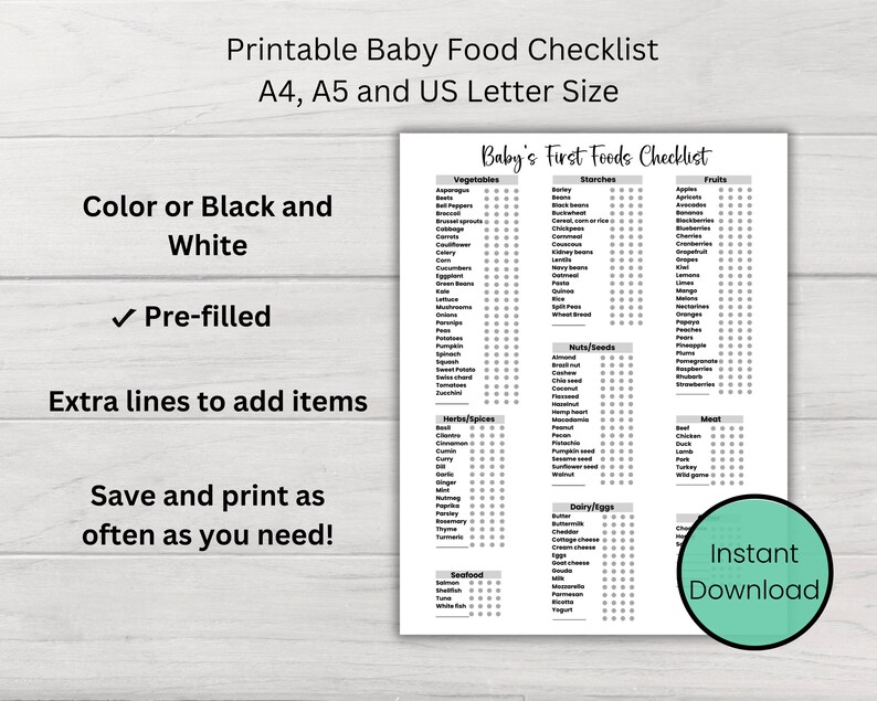 Baby First Foods List Printable Baby Food Chart Baby Feeding - Etsy