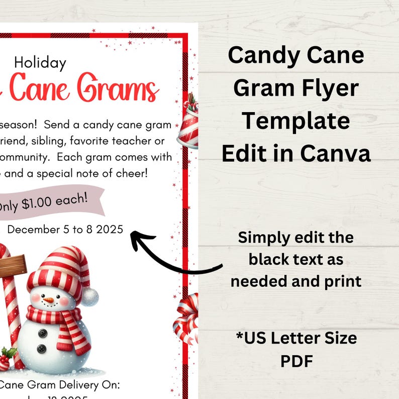 Candy Cane Gram Cards, Holiday Candy Gram Flyer Template Printable, Kit ...