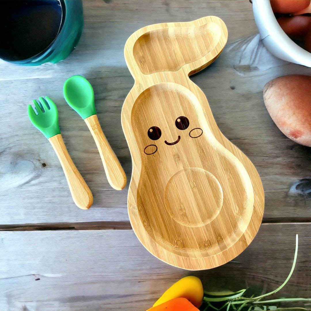 Personalized Bamboo Kids Dinner Set: Avocado Plate, Bowl & Cutlery ...