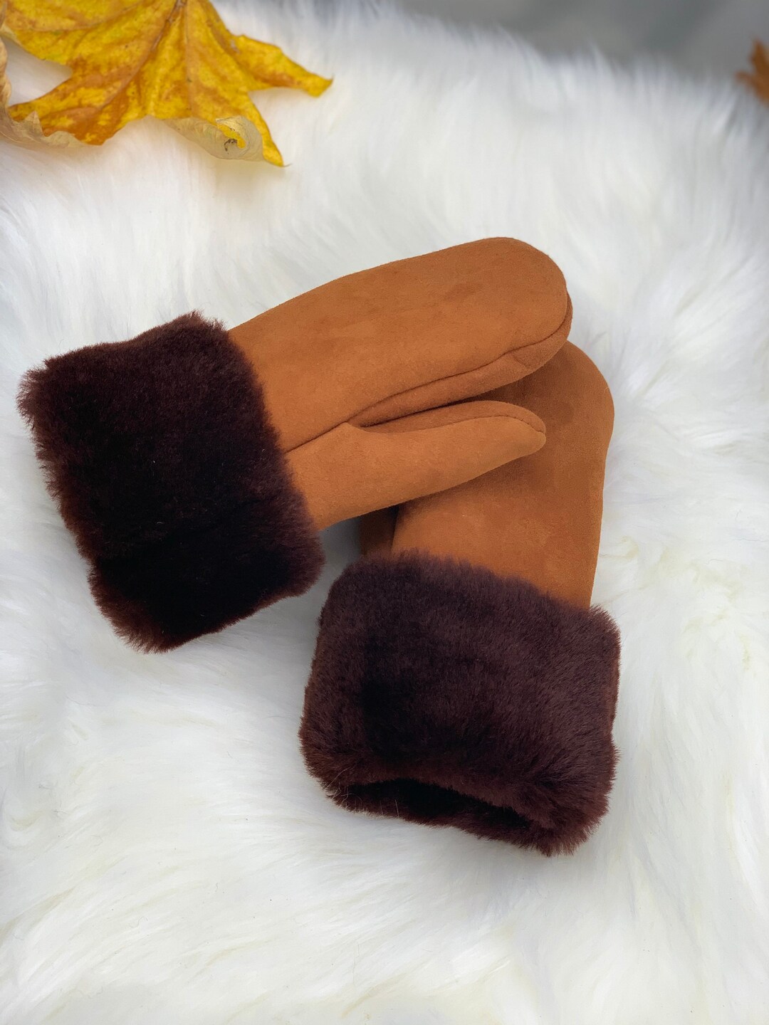 Women's Sheepskin Suede Mittens, Winter Handmade Women Mittens Gloves ...