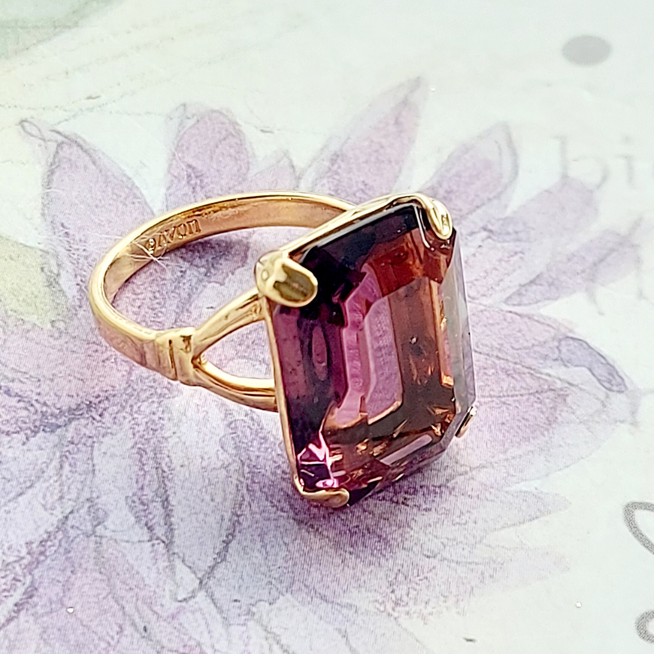 1978 Avon 10K Gold Plated Faux Amethyst Ring, Large Emerald Cut Faux ...