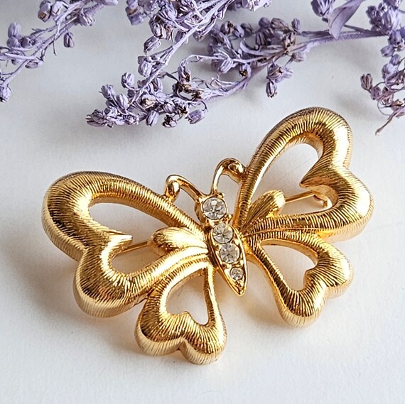 Monet Gold Tone Butterfly Brooch, Rhinestones, Heart … - Gem