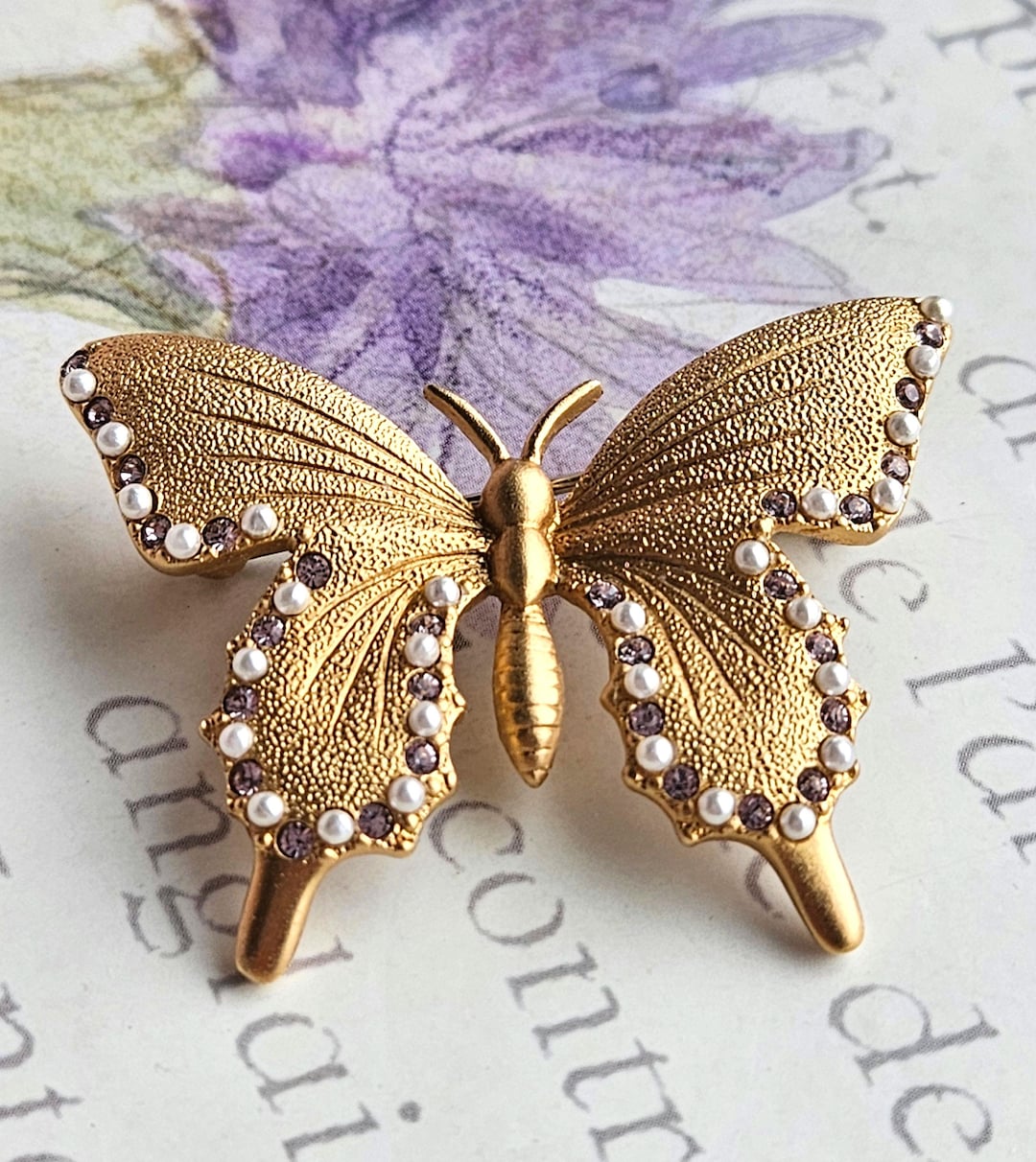 Vintage Butler Butterfly Brooch: Gold Tone, Lavender Rhinestones & Seed ...