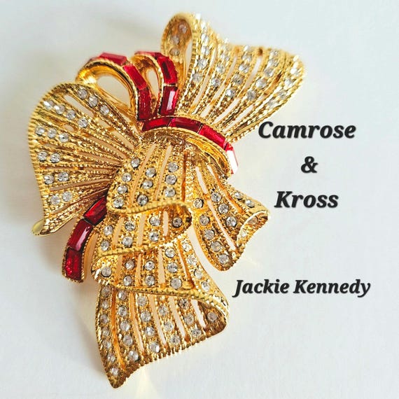 Camrose Kross JBK Gold Tone Bow Brooch Red Clear Swarovski Crystals Vintage Signed. Jacqueline Bouvier Kennedy Reproduction Collection Etsy