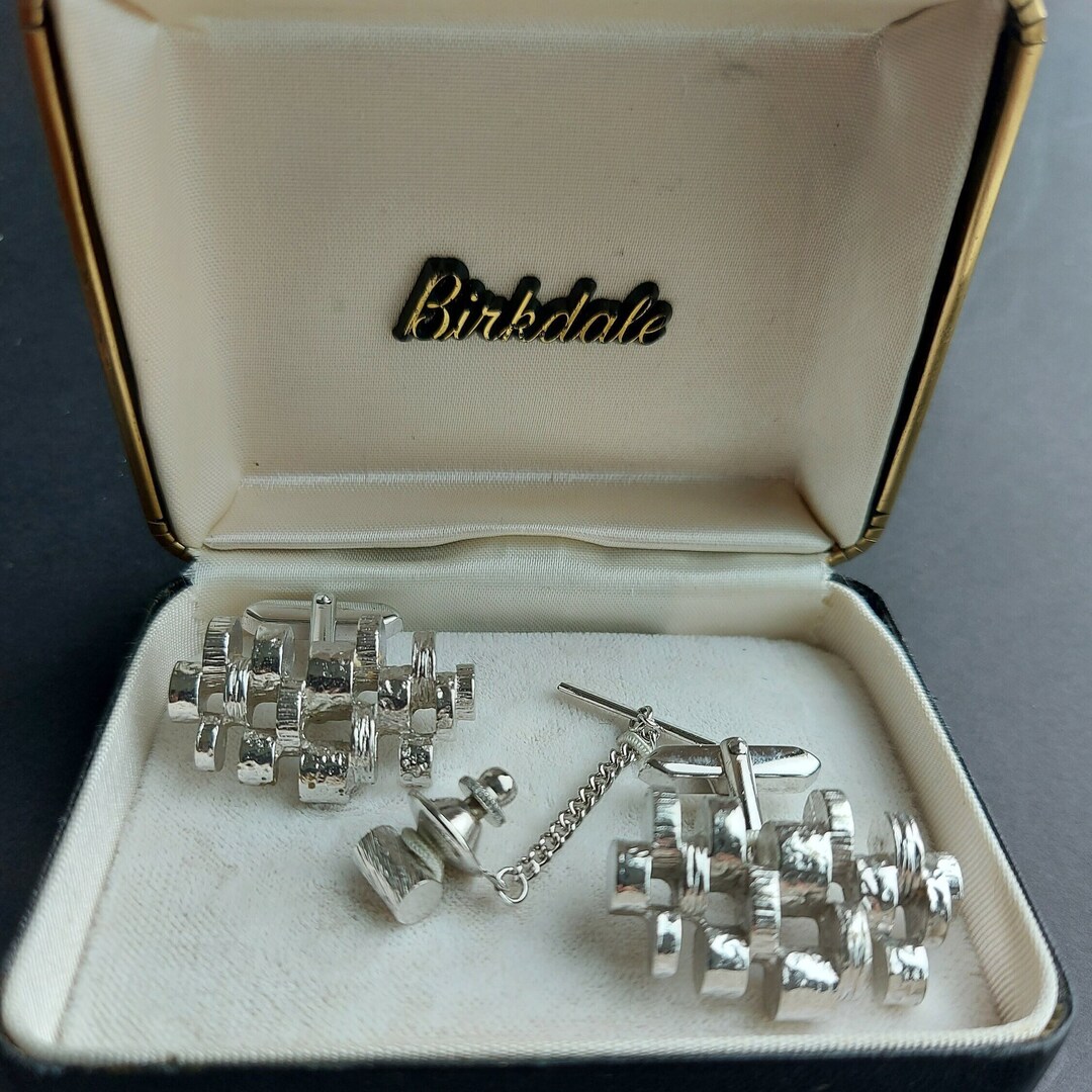 Vintage Birkdale Cufflinks, Tie Pin, Silver Tone, Abstract Design, Marked GERMANY. Suit & Tie ...