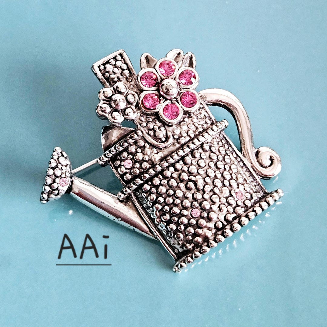 Vintage Aai Watering Can Brooch: Rhinestone Flower, Silver Tone Pin - Etsy