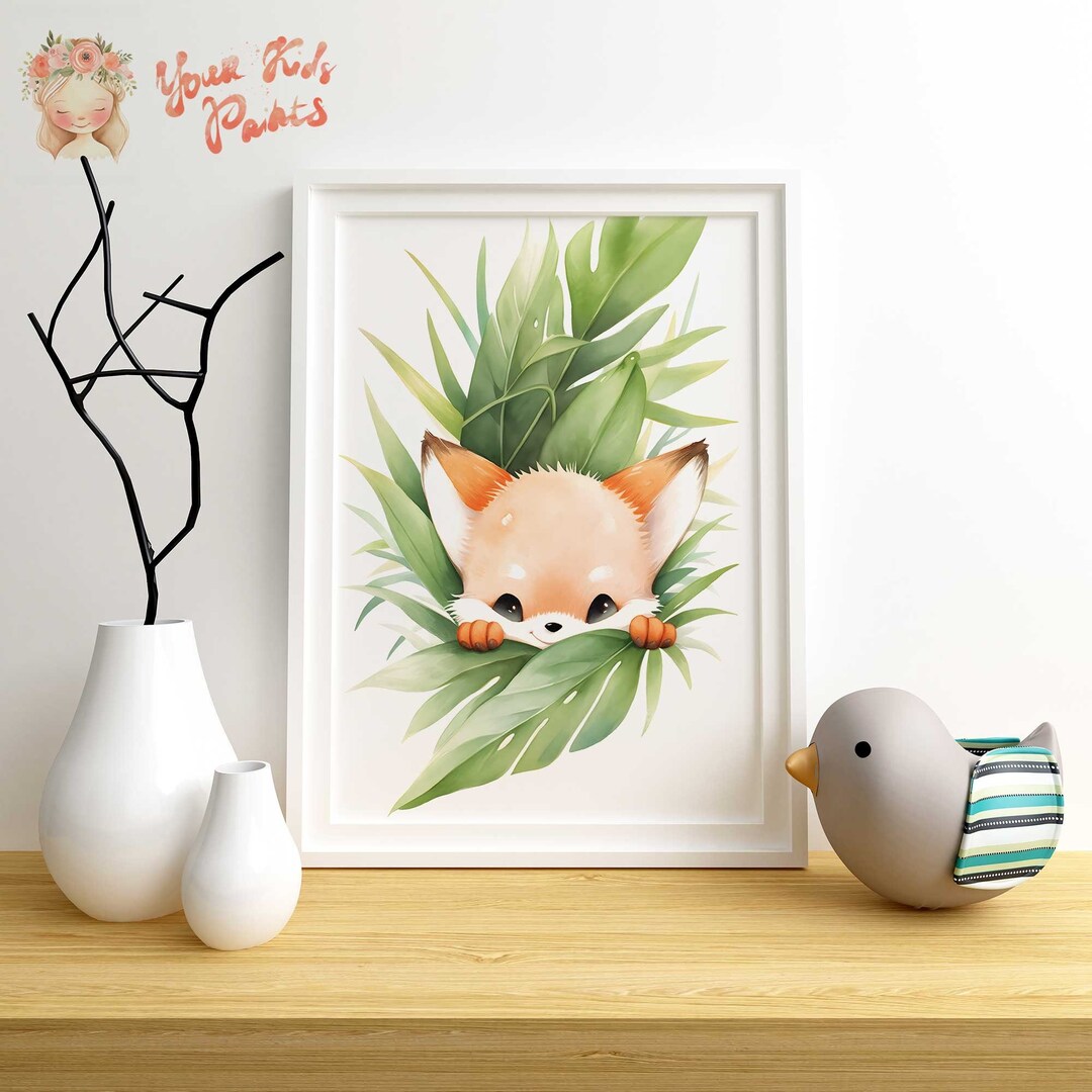 Watercolor Illustration of a Cute Fox Peaking Through Leaves | Fox ...