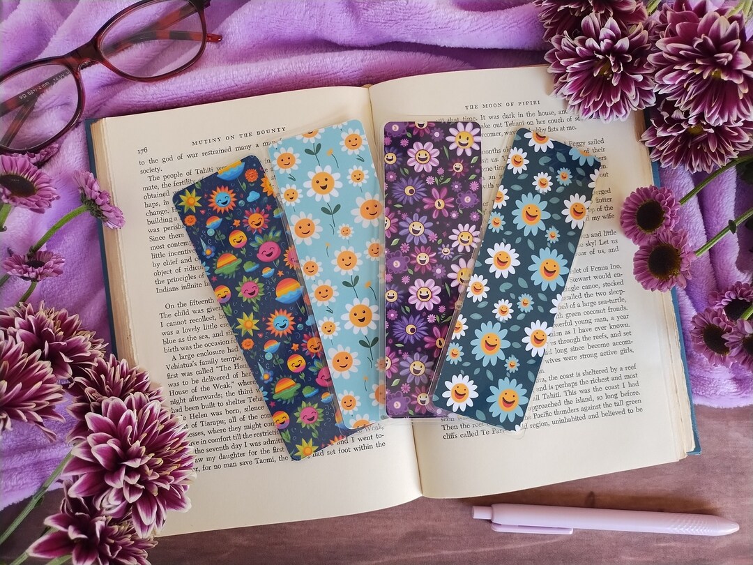 GROOVY HAPPY FACE Flowers Bookmark Collection | Floral Double-sided ...