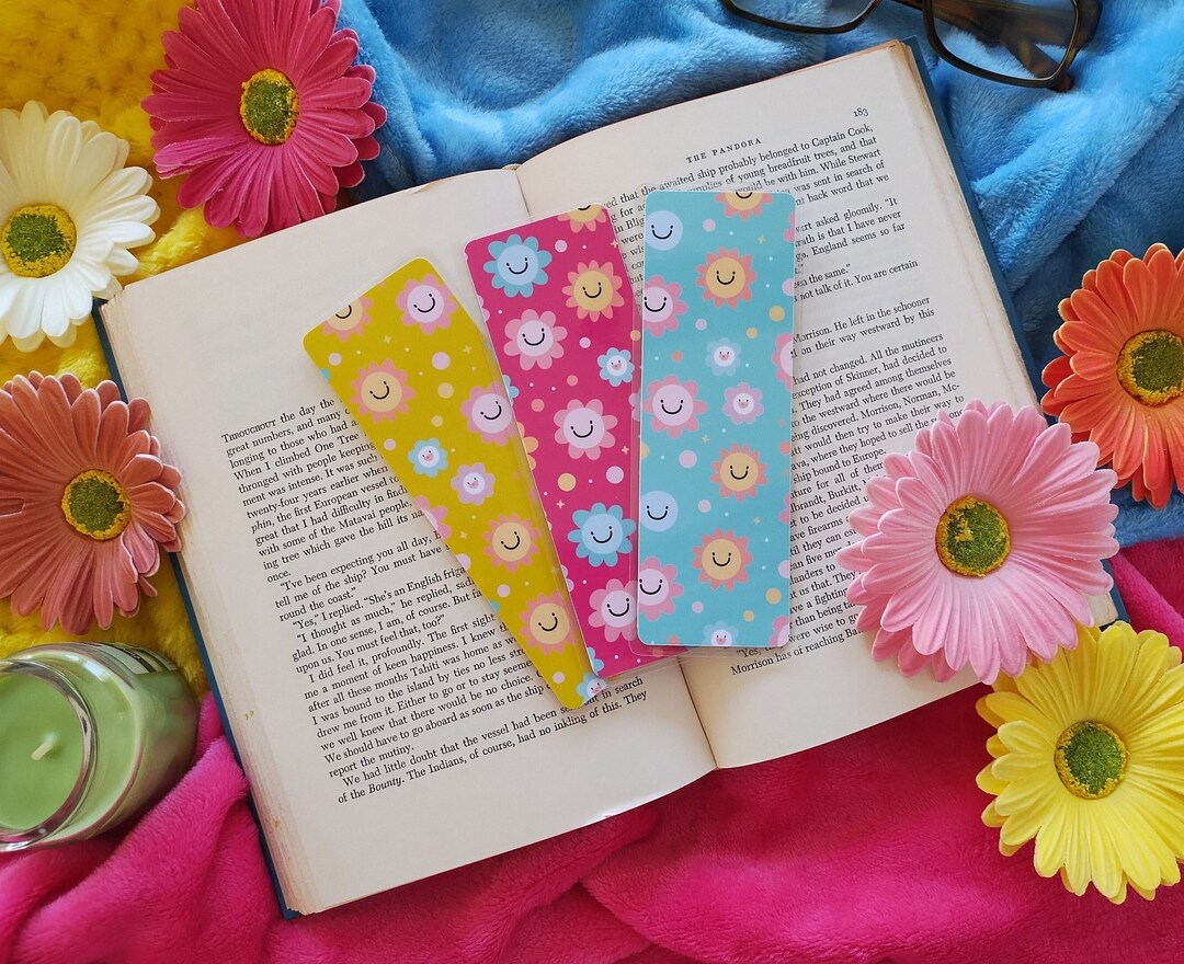 RETRO HAPPY FACE Flowers Bookmark Collection | Floral Double-sided ...