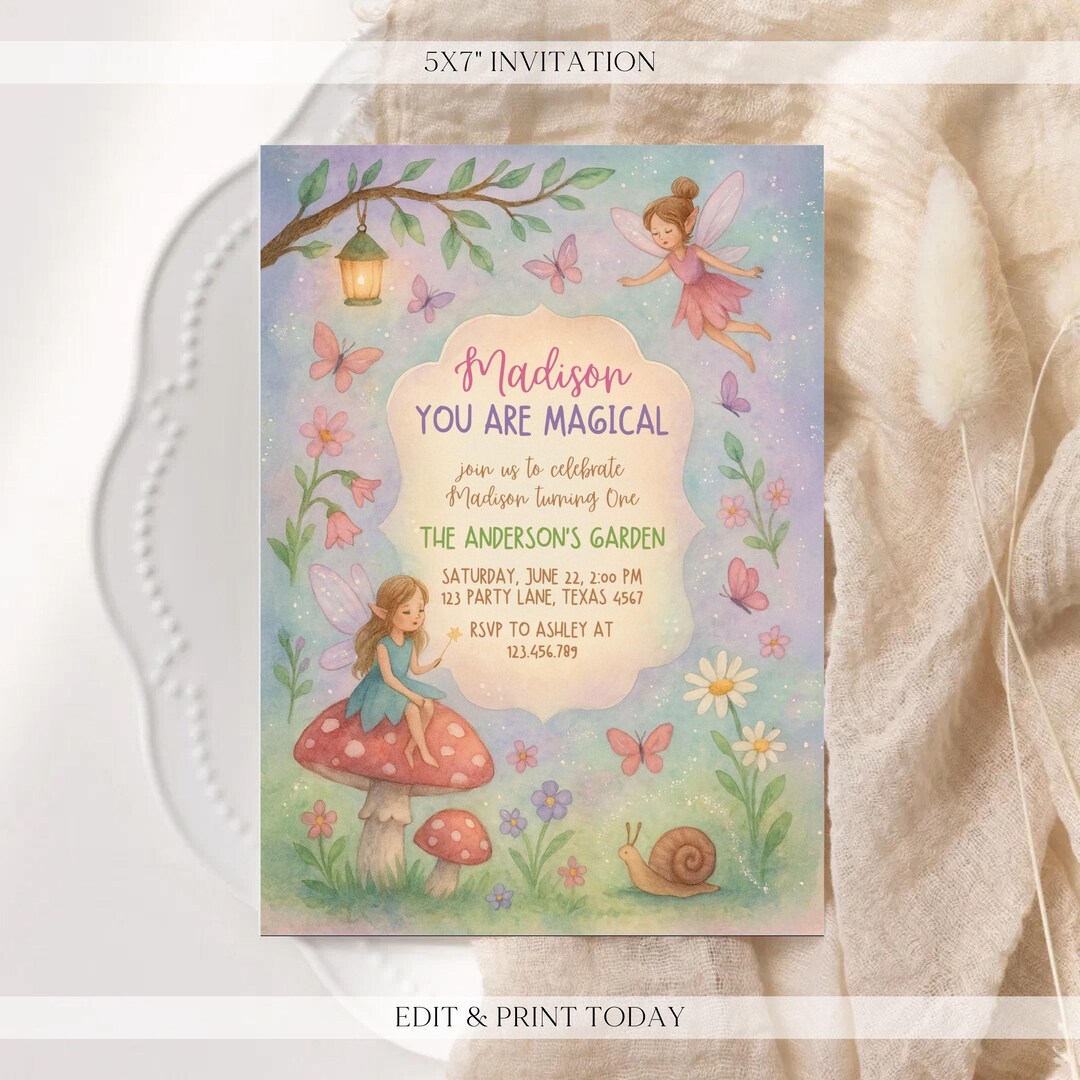 Editable Enchanted Forest Fairy Birthday Invitation - Princess Birthday ...