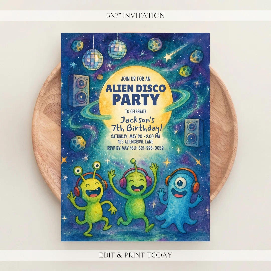 Editable Alien Birthday Invitation - Fun Alien Disco Party Birthday ...