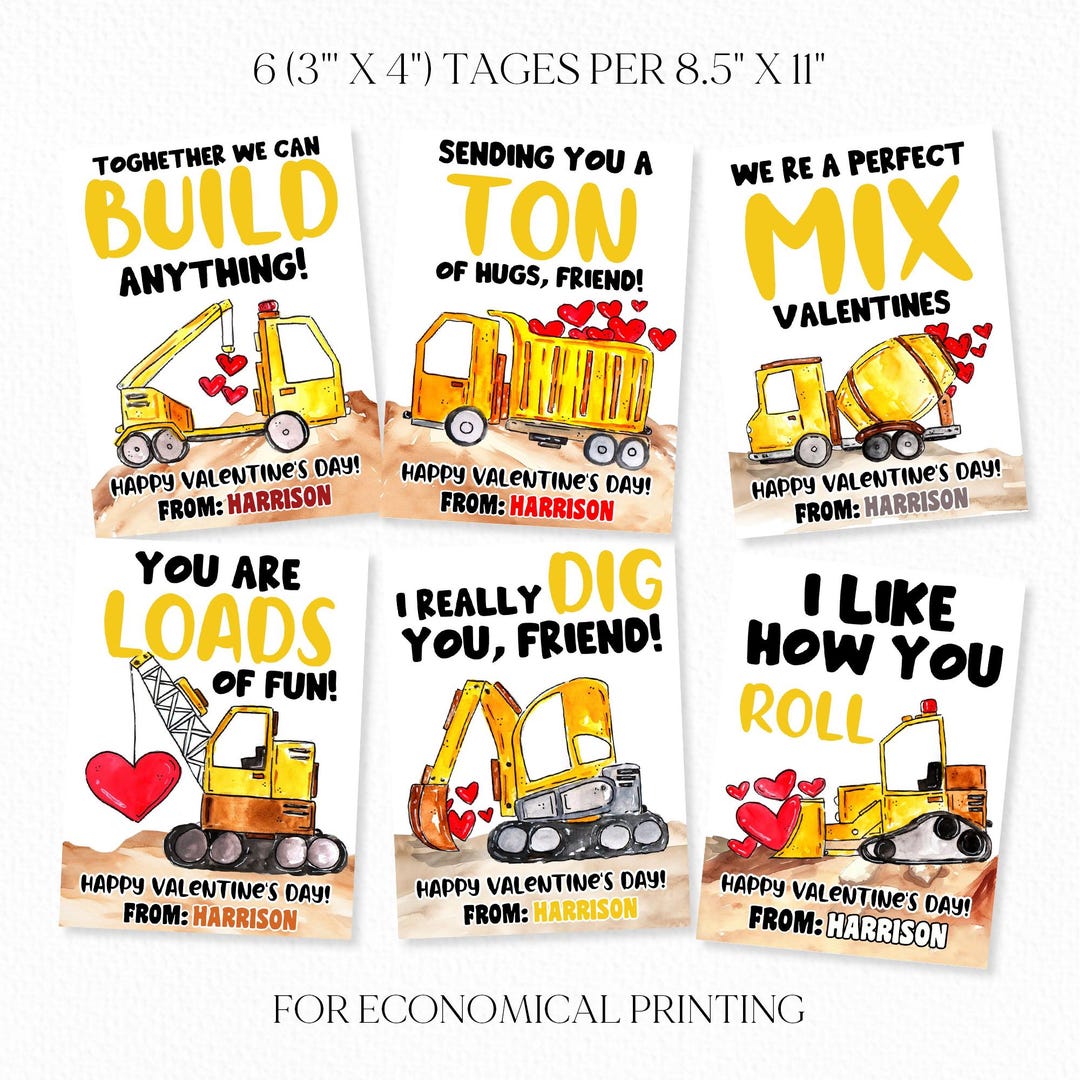 Construction Valentine Watercolor Valentine Cards - Kids Valentine ...