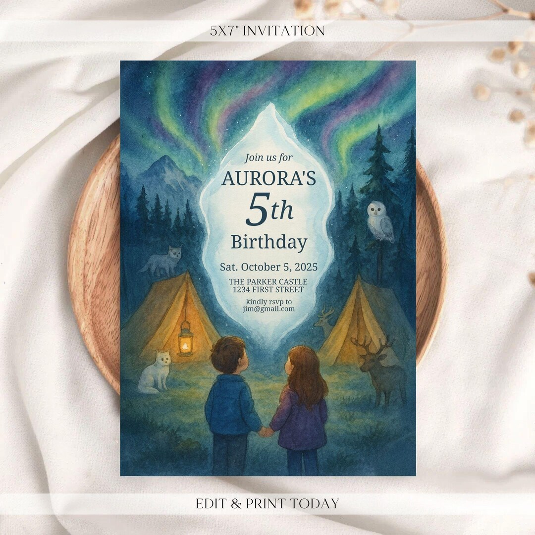 Editable Northern Lights Birthday Invitation - Magical Lights Nature ...