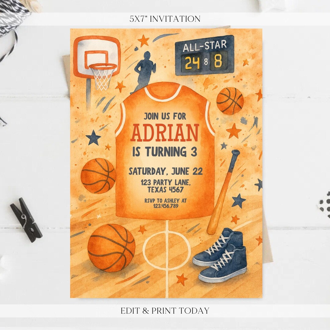 Editable All Star Sports Invite Birthday Invitation - Basketball Theme ...