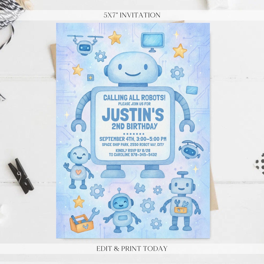Editable Robot Birthday Invitation - Robot Party Birthday Digital ...