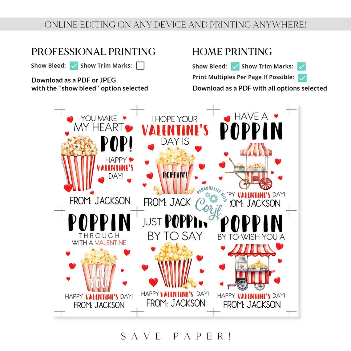 Popcorn Valentine Cards, Kids School Printable (DIY Editable With Corjl ...