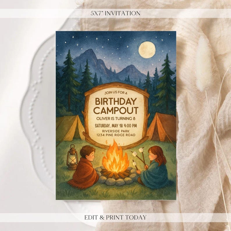 Editable Camping Birthday Invitation - Campout Sleepover Party Birthday ...
