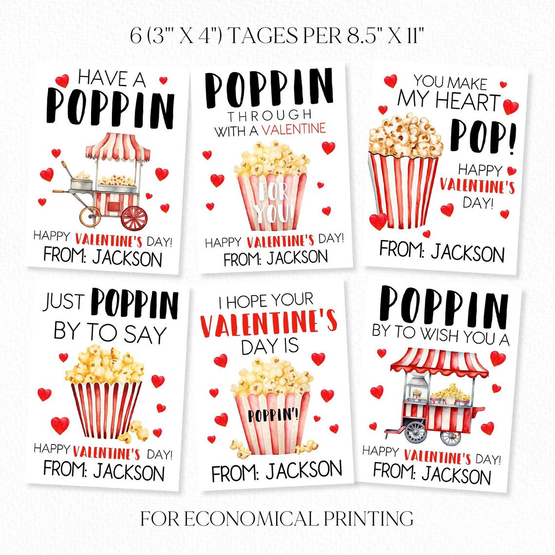 Popcorn Valentine Cards, Kids School Printable (DIY Editable With Corjl ...