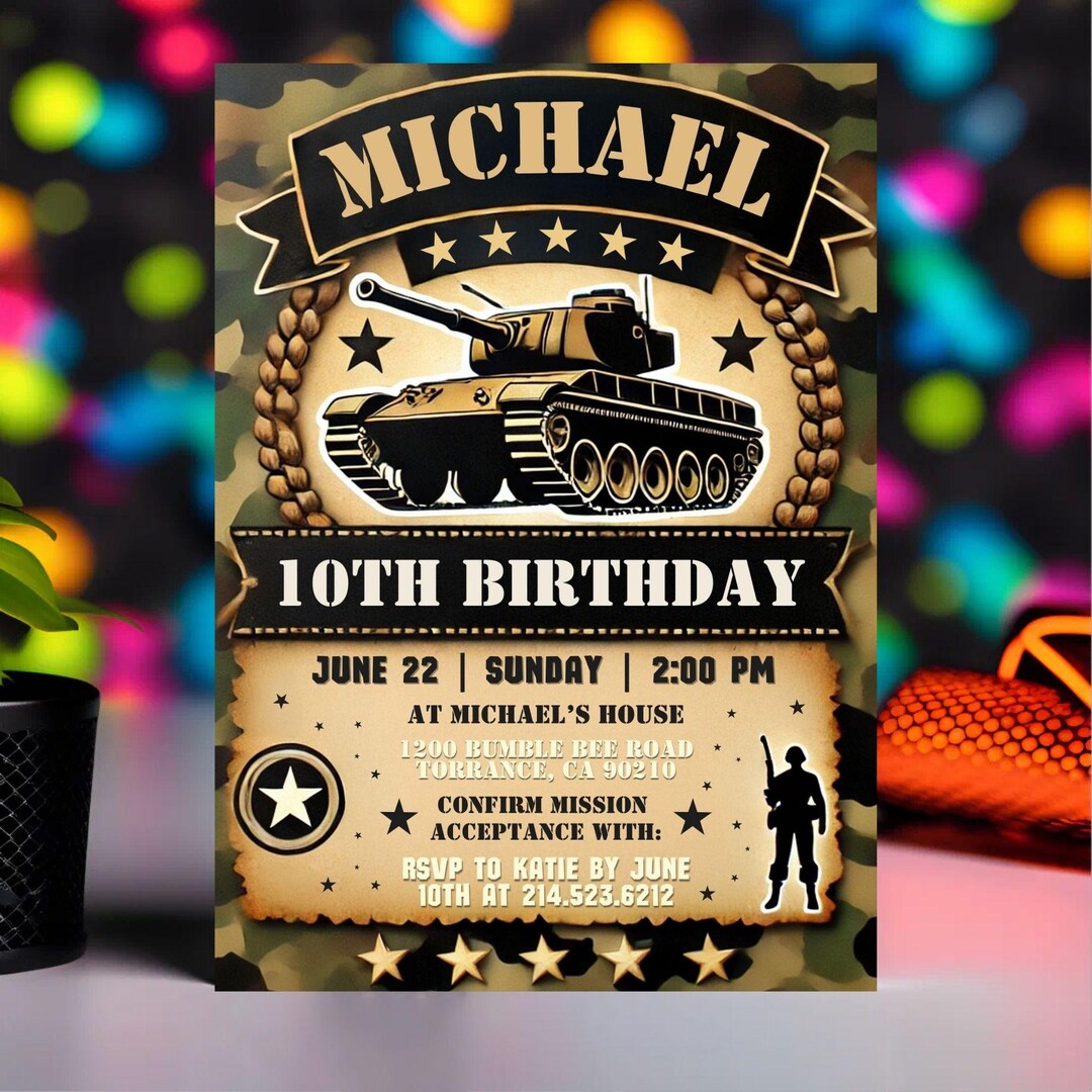 Editable Military Party Invitations, Army Birthday Invitation, Soldier ...