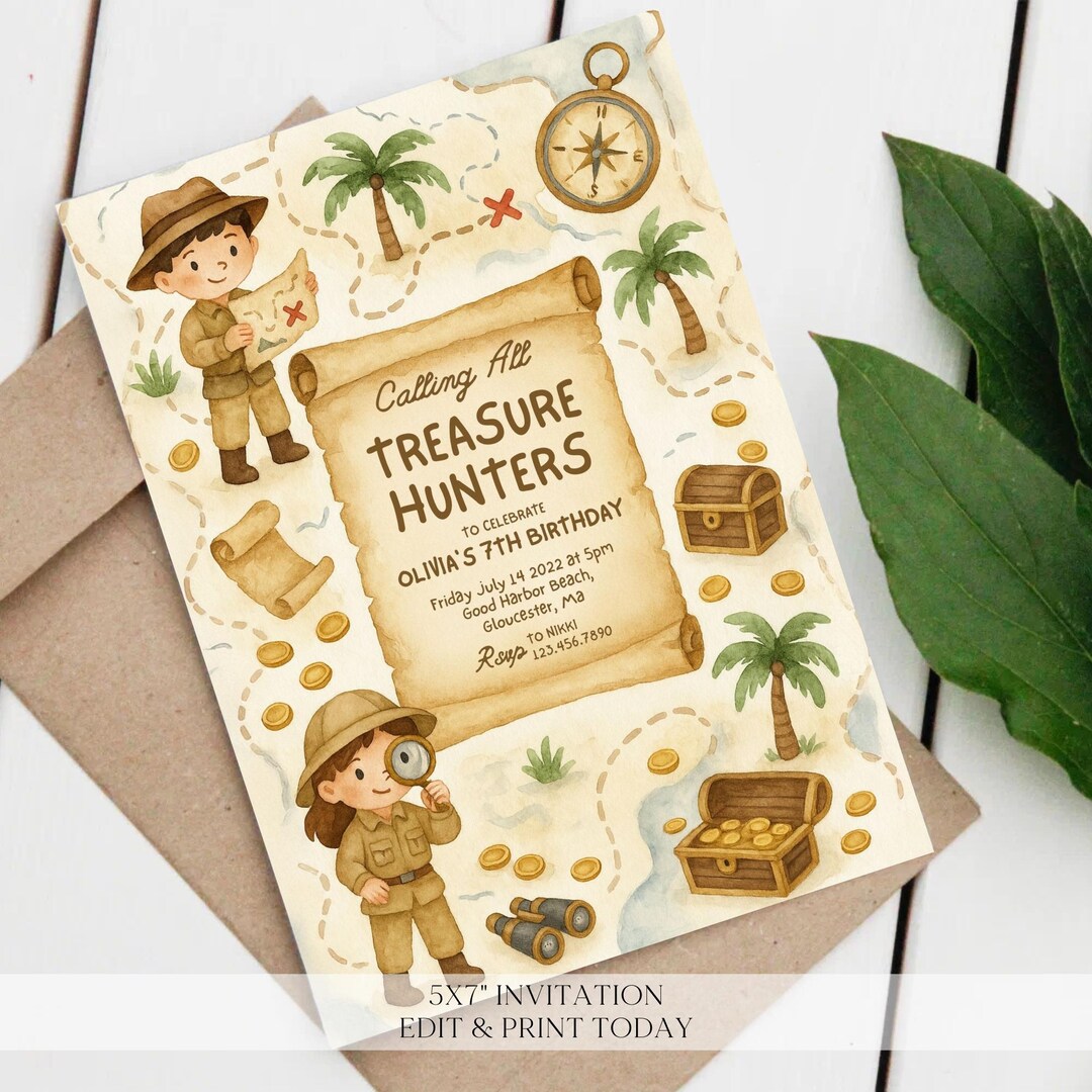 Editable Treasure Hunt Adventure Map Birthday Invitation - Map ...