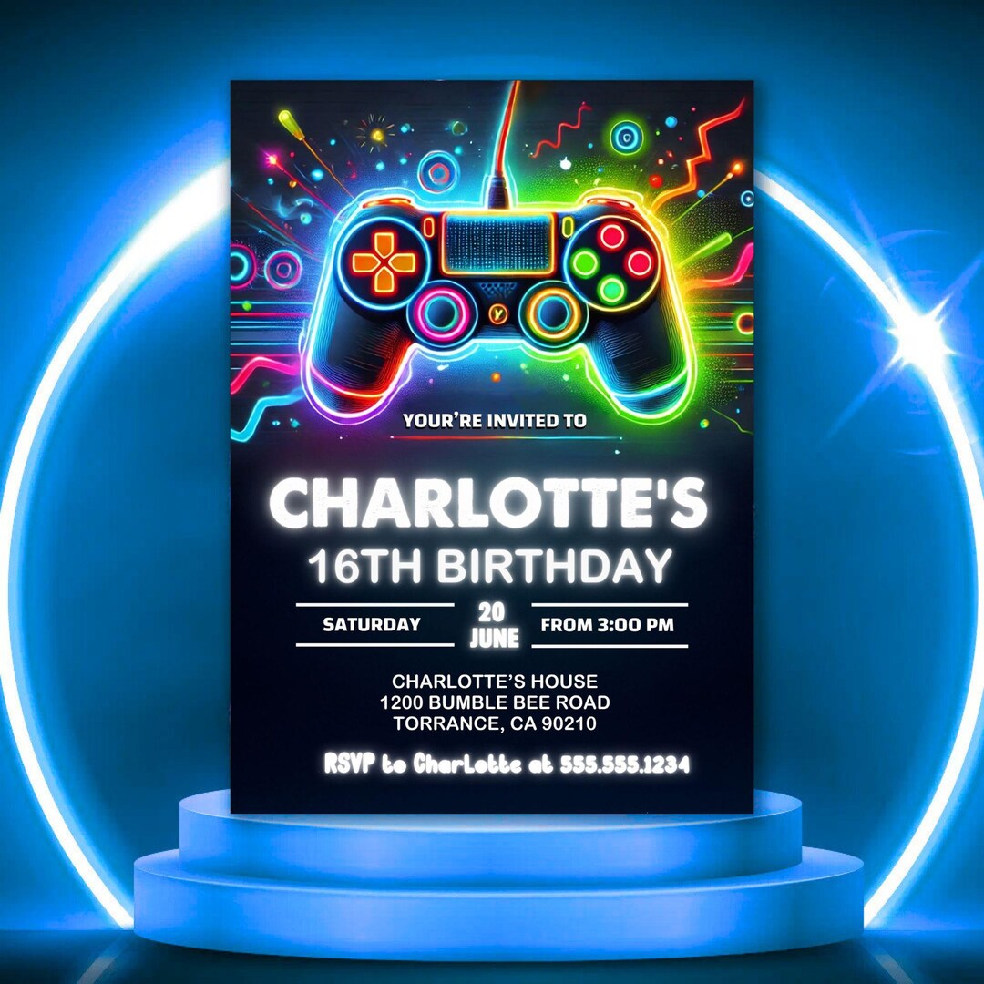 EDITABLE Level up Birthday Invite, Video Game Party Invitation, Blue ...