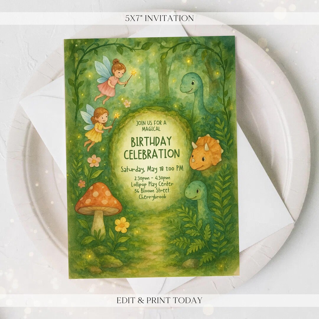 Editable Magical Woodland Fairy Birthday Invitation - Dinosaur Birthday ...