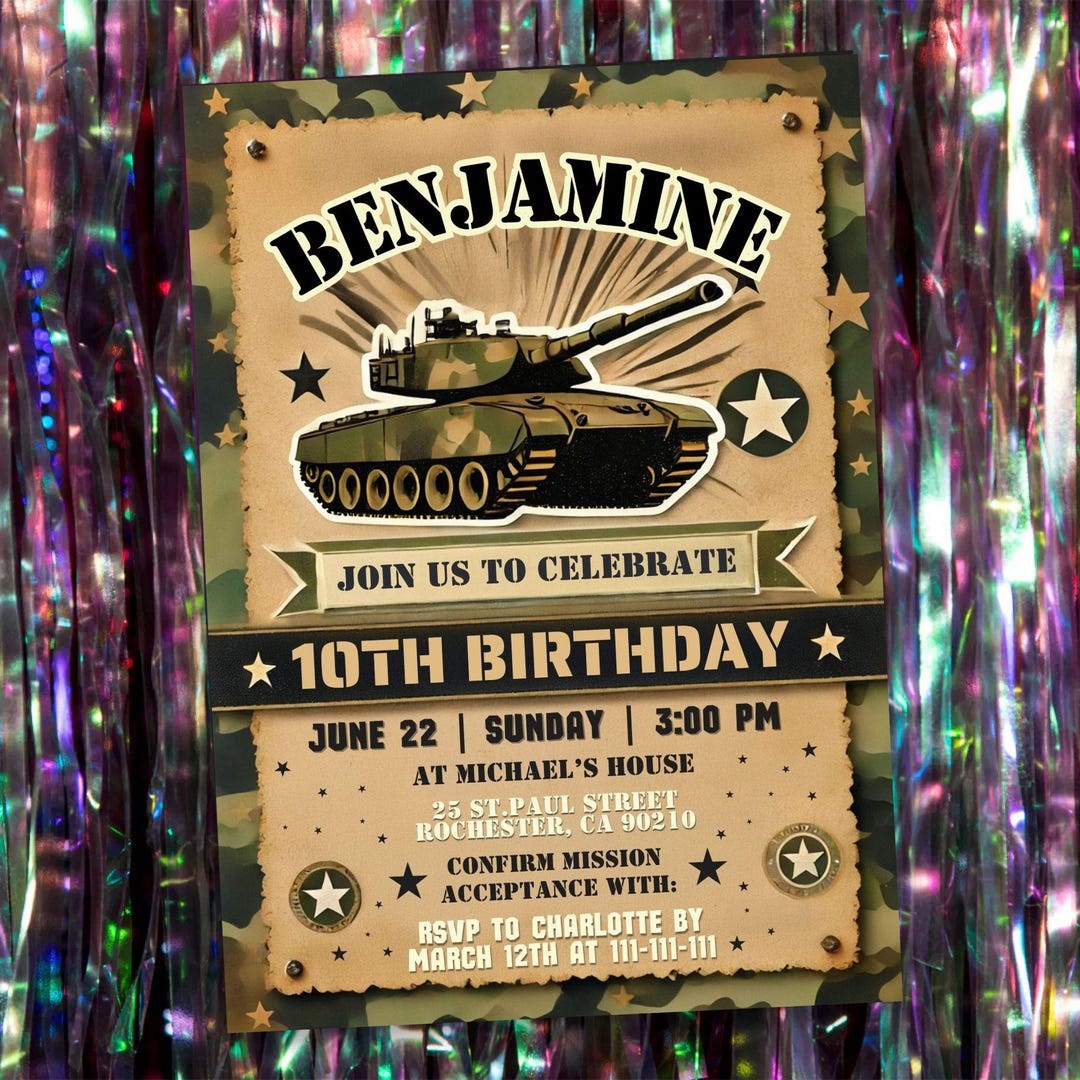 Editable Military Party Invitations, Army Birthday Invitation, Soldier ...