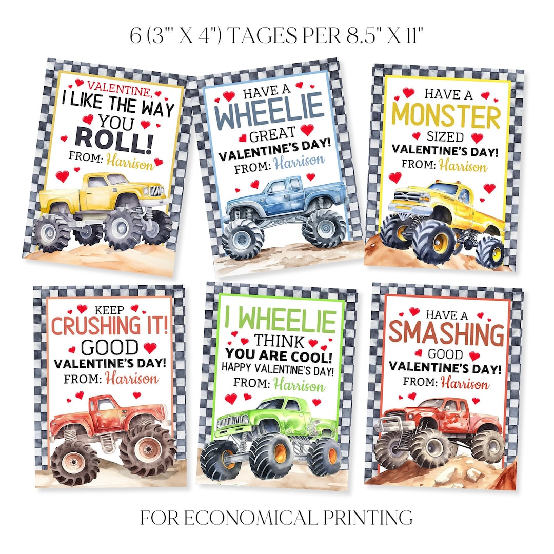 Monster Truck Watercolor Valentine Cards - Kids Valentine Cards ...
